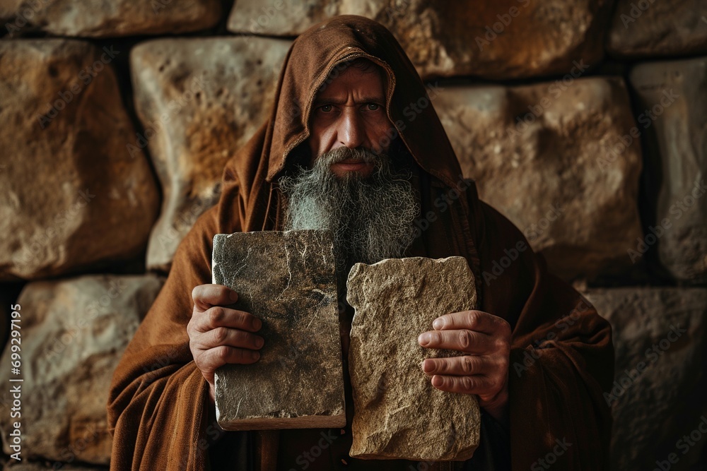Moses holding the stone tablets with the 10 commandments, Bible story ...