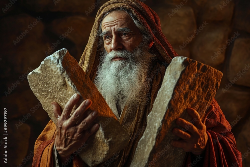 Moses holding the stone tablets with the 10 commandments, Bible story ...