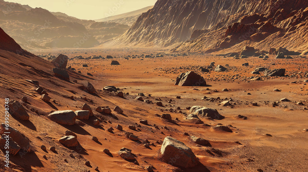 Surface of planet Mars, desert-like landscape with mix of dirt, rocks ...
