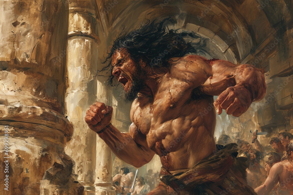 Strongest man Samson breaking the temple columns, Bible story. Stock ...