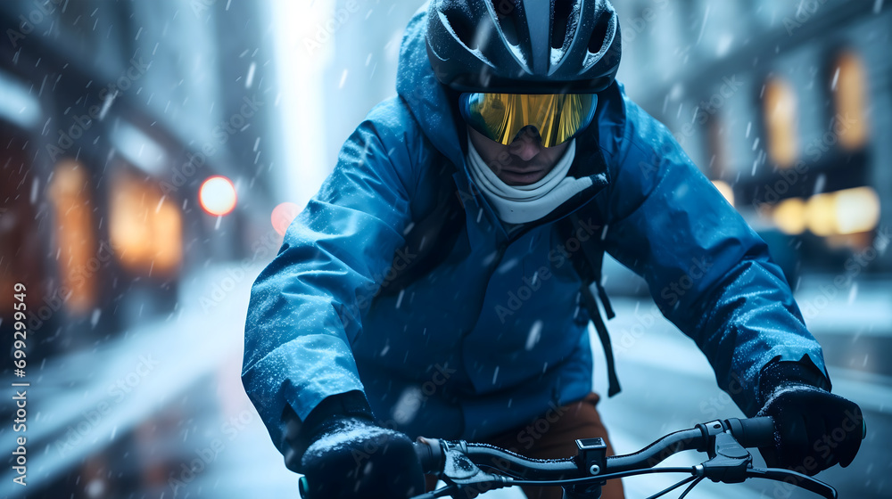 Man riding a bicycle outdoors in cold winter weather during snowfall ...
