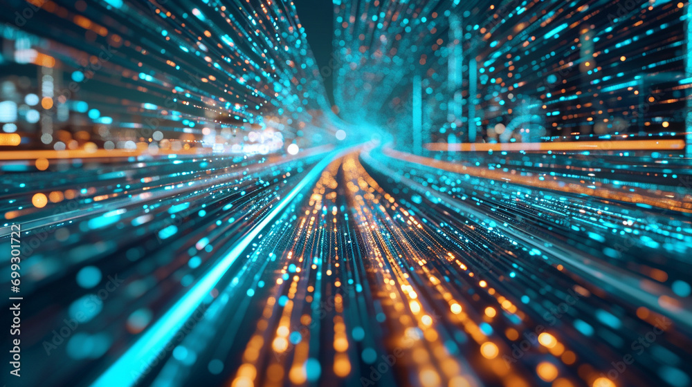 High speed data highway with flowing streams of light representing ...