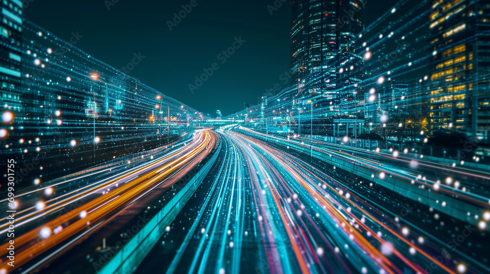 High speed data highway with flowing streams of light representing ...