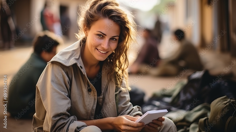 Portrait of a young refugee woman with a confident smile in front of a ...
