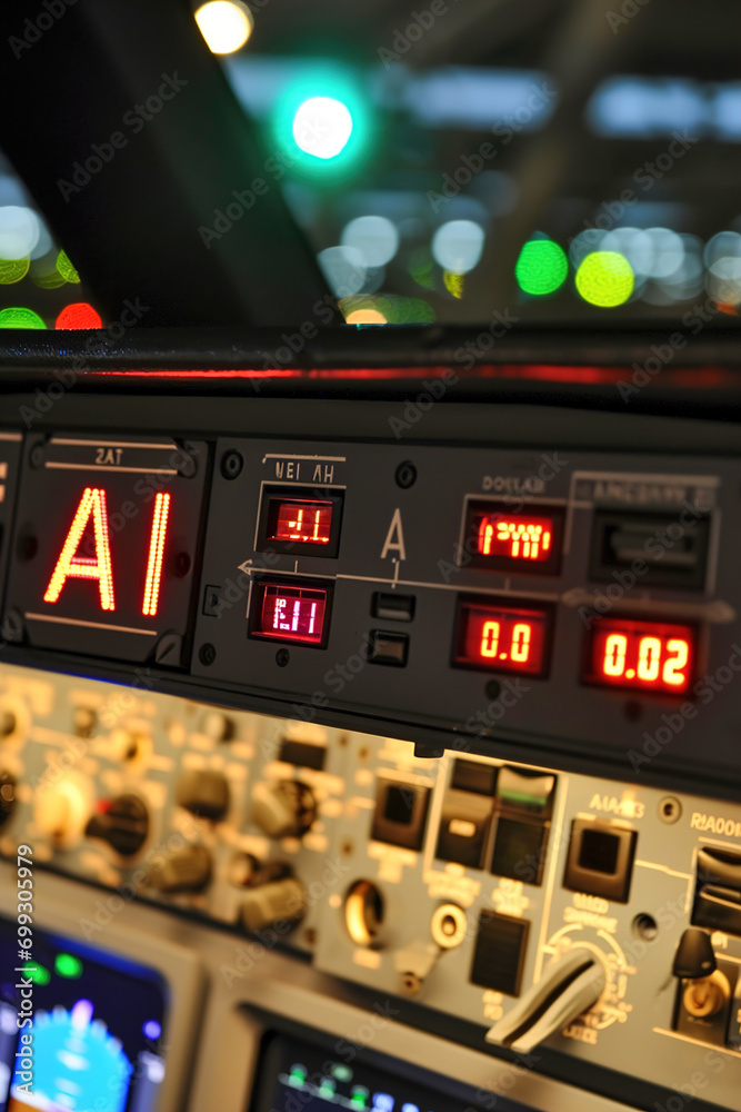 The dashboard of a plane lights up on the display with the phrase AI ...