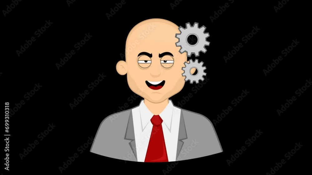 video animation bald man cartoon dressed in suit and gears turning, in ...