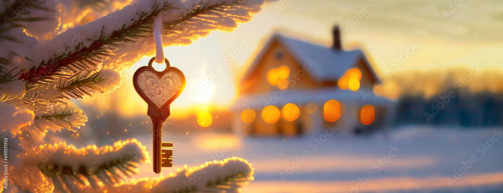 Key to a Cozy Home. A decorative key hanging on a snowy branch with a ...