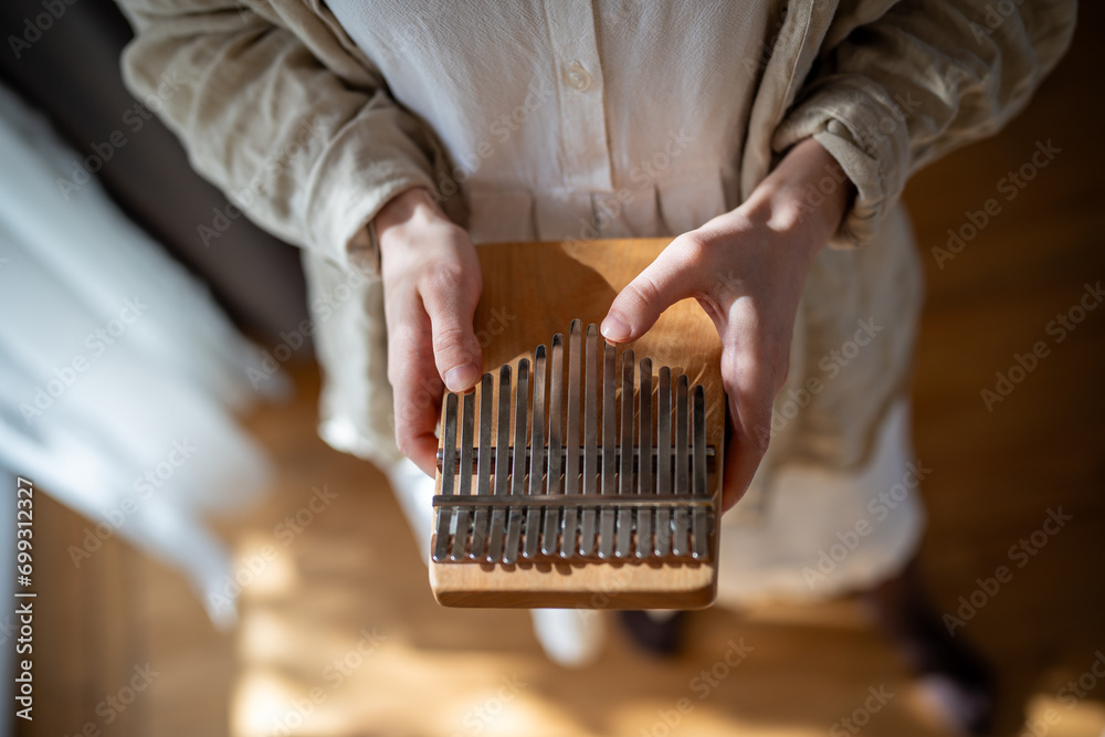 Girl hands holding kalimba closeup, traditional acoustic African wooden ...