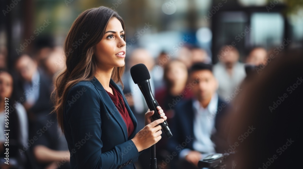 A journalist with a microphone, exploring stories, conducting ...