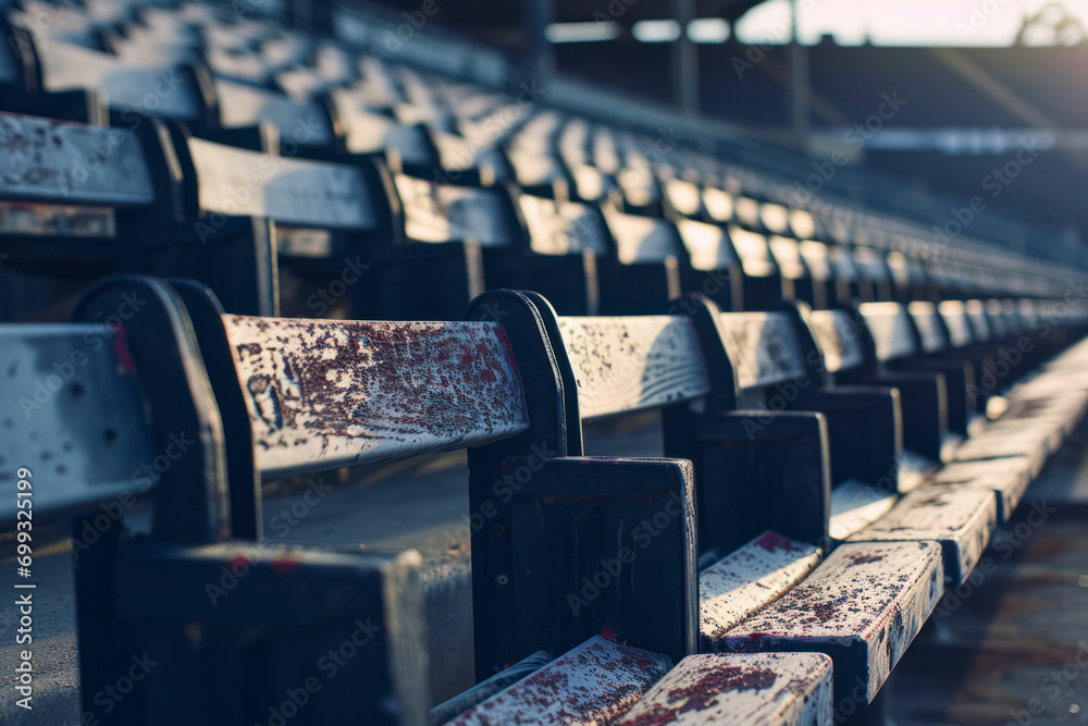 Empty football bleachers, a perspective shot focusing on vacant seating ...
