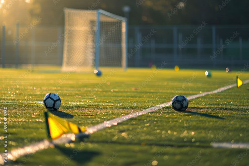 Football equipment display, a visually striking image showcasing neatly ...