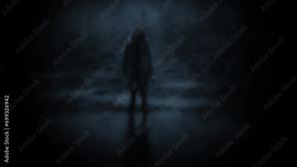 Scary man silhouette in raincoat with hood. Gloomy 2d animation. Creepy ...