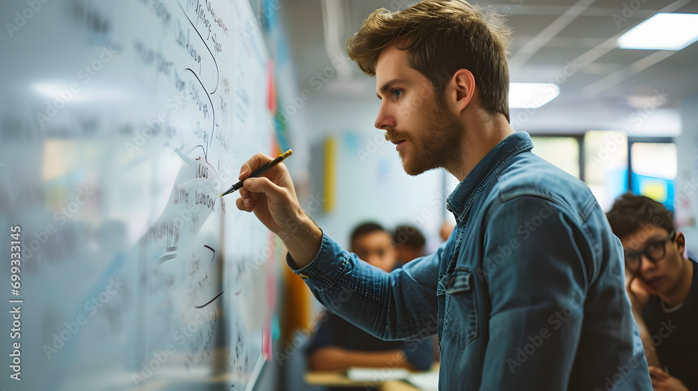 Young male teacher writing on board and explaining lesson to pupils ...