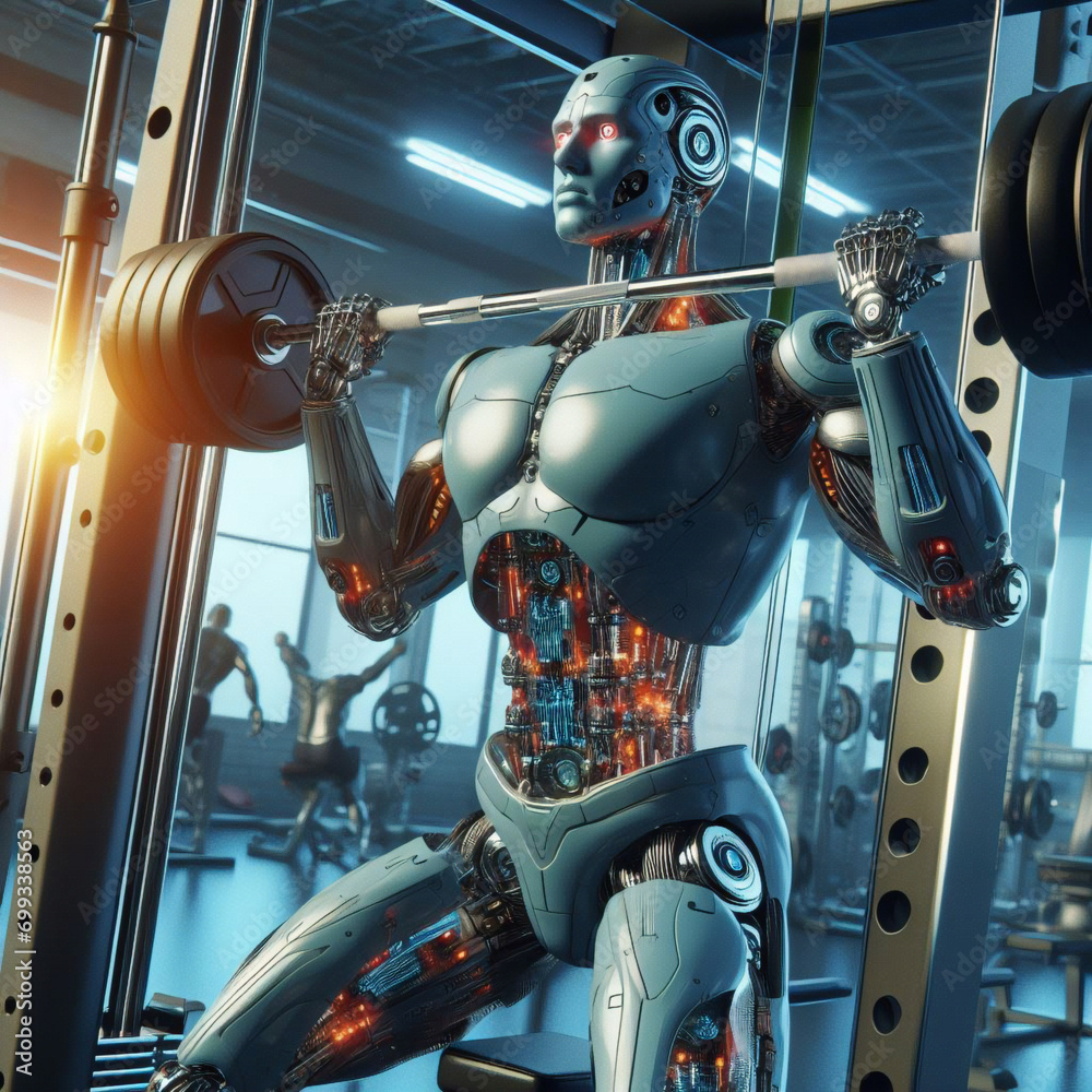 In the futuristic gym, an android humanoid demonstrates athletic ...