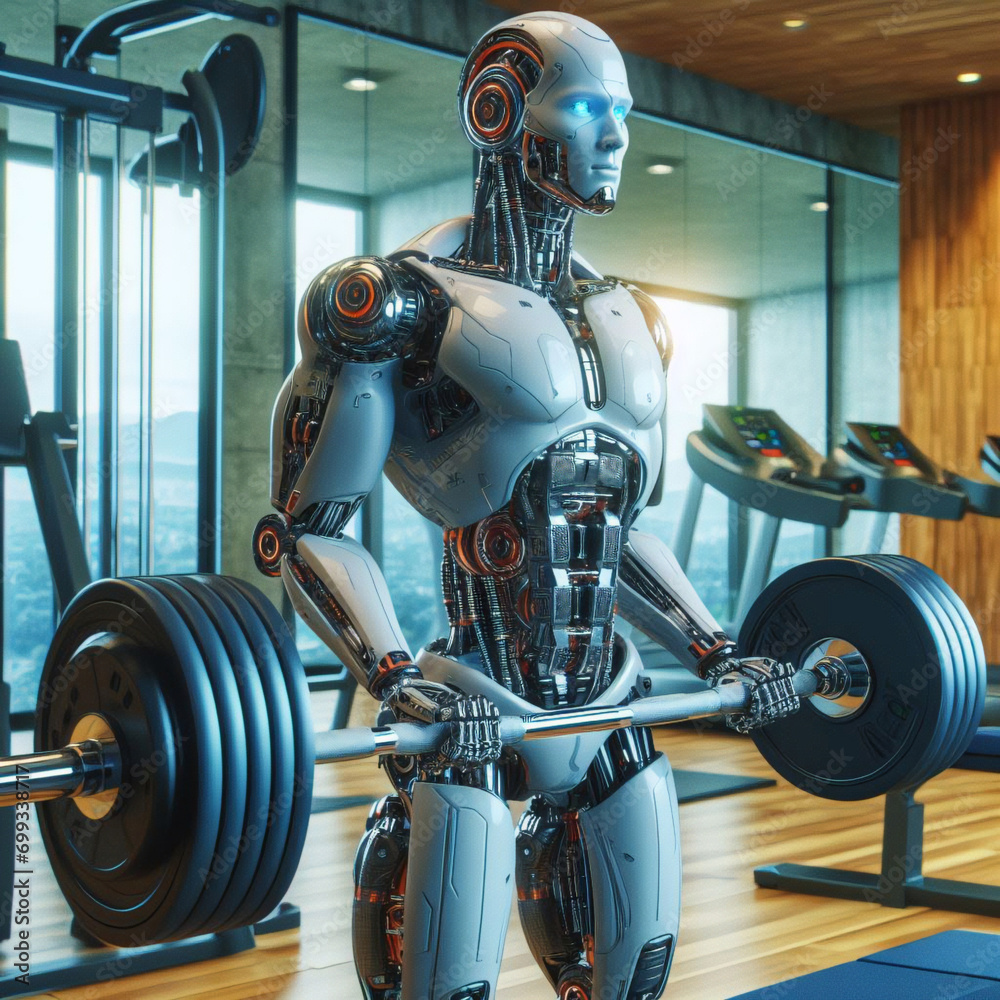 In the futuristic gym, an android humanoid demonstrates athletic ...