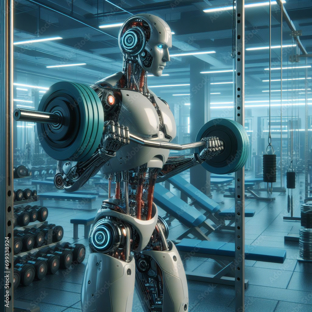 In the futuristic gym, an android humanoid demonstrates athletic ...