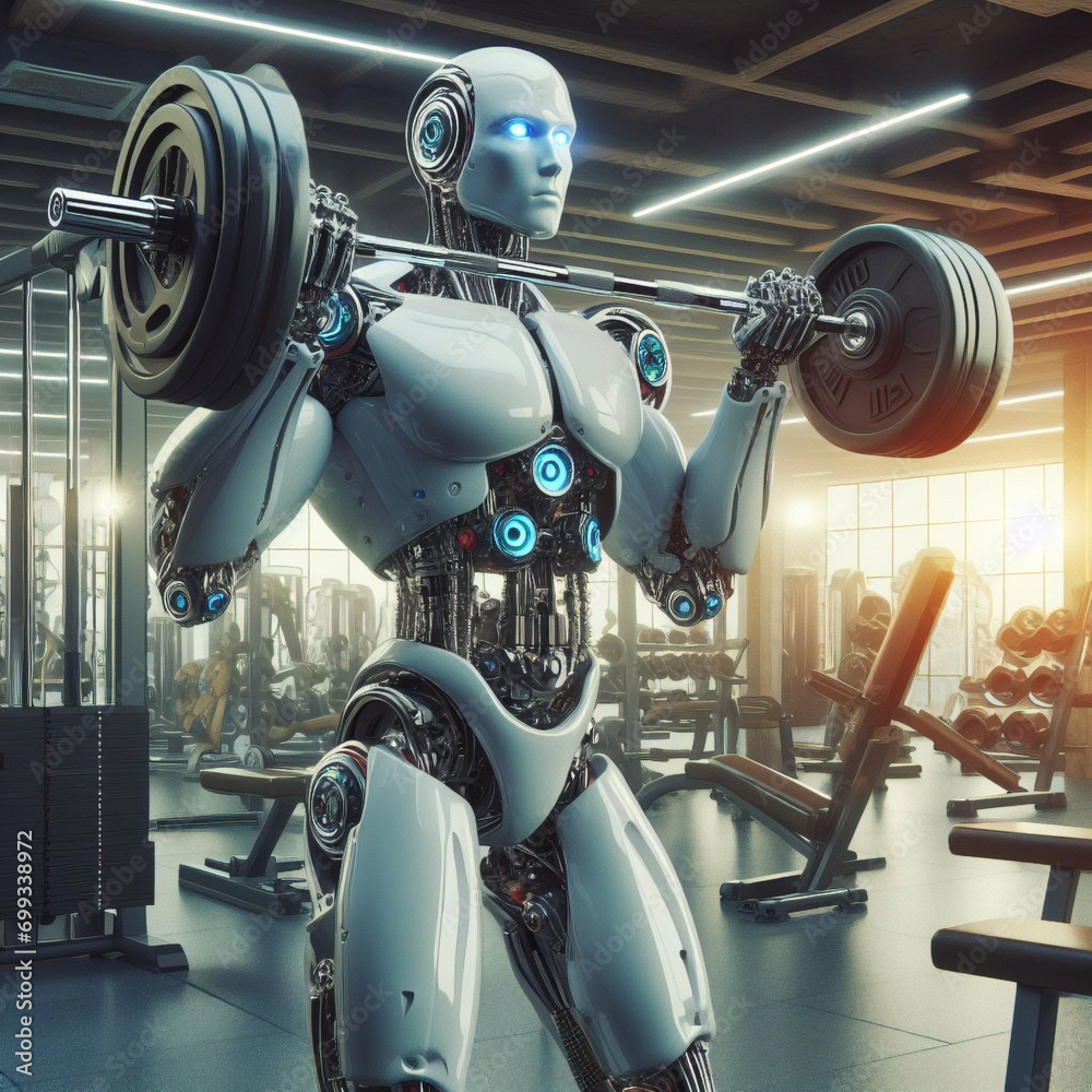 In the futuristic gym, an android humanoid demonstrates athletic ...