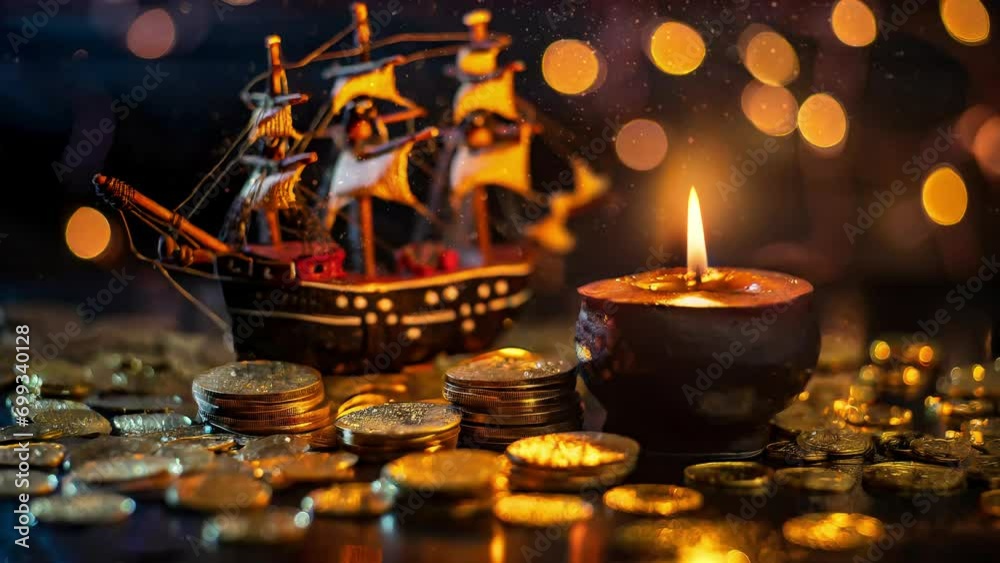 Pirate ship, treasure map, old vintage map, pirate's gold coins, candle ...