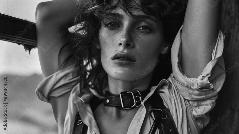 B&W portrait of fashion model in haute couture leather jacket and ...