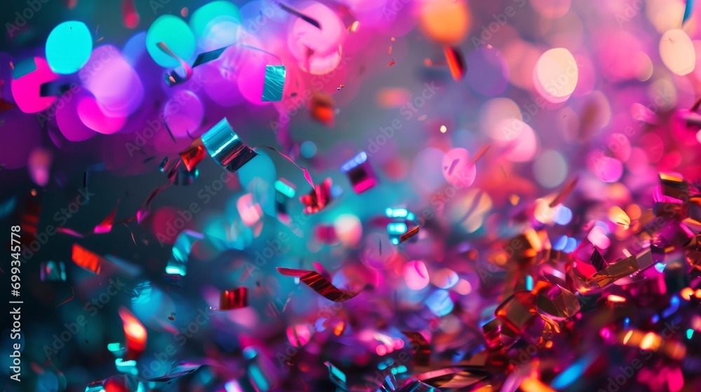 Colorful background with neon confetti. Confetti flies in the air on a ...