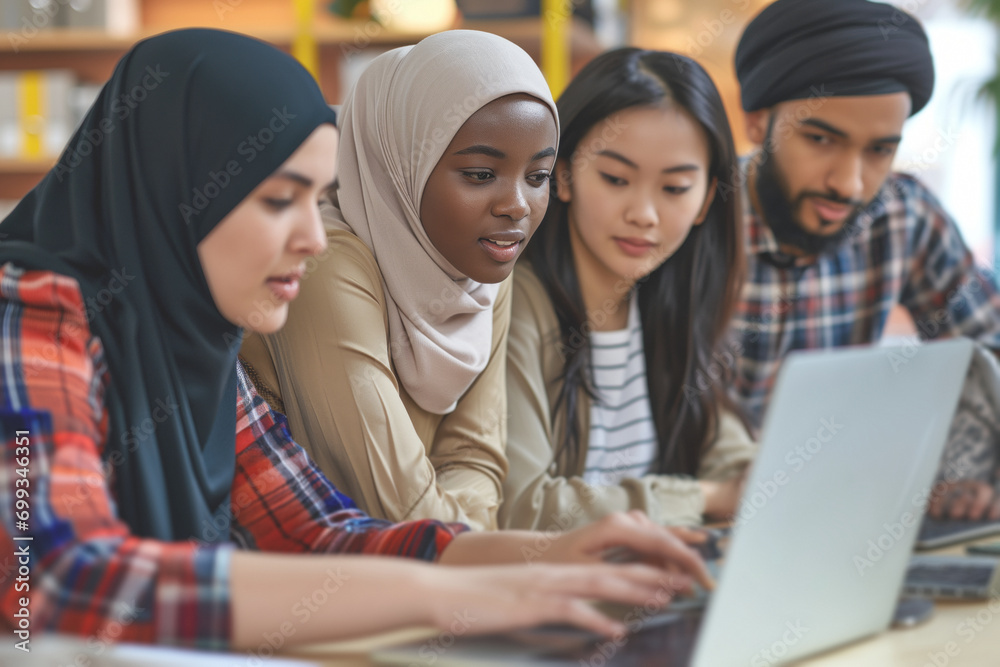 A diverse group of university students from different backgrounds ...