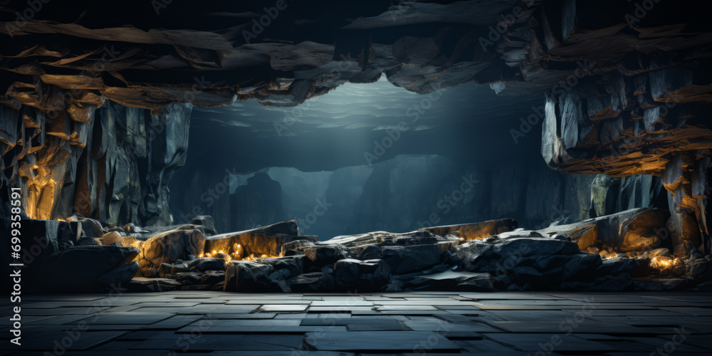 Fantasy cave entrance. Big empty cave with light from top for product ...