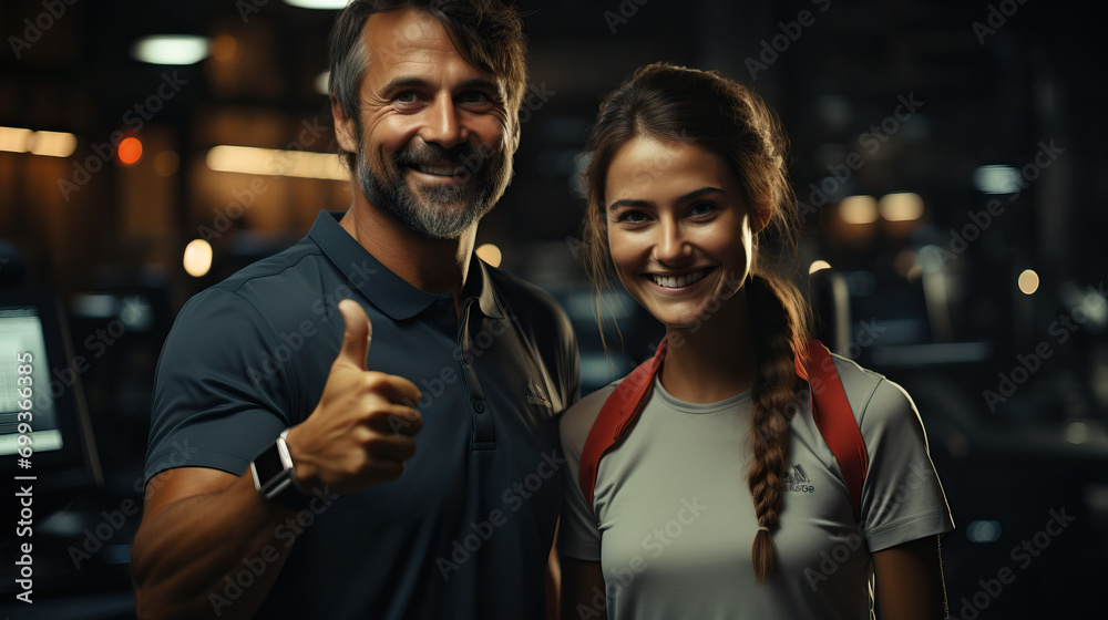 Fitness Success: Personal Trainer Assisting a Client in the Gym, Giving ...