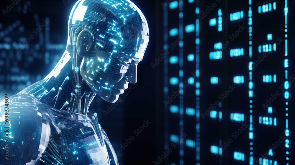 Artificial intelligence robot and binary ,Hologram of the artificial ...
