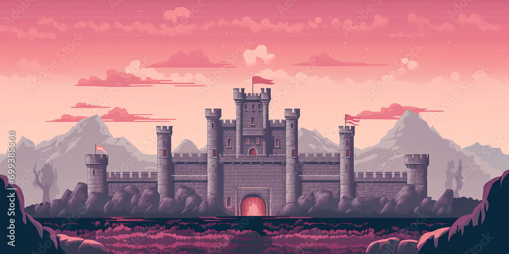 Castle background video game style illustration castles towers 8-bit ...