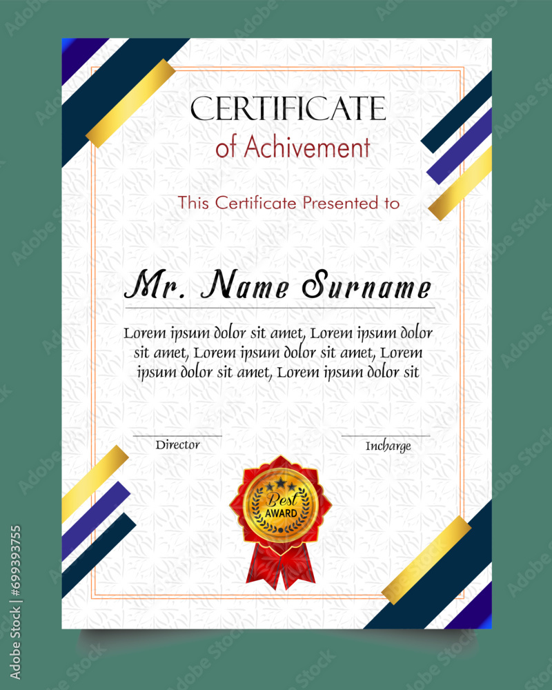 Certificate of achievement template set with gold badge and border ...