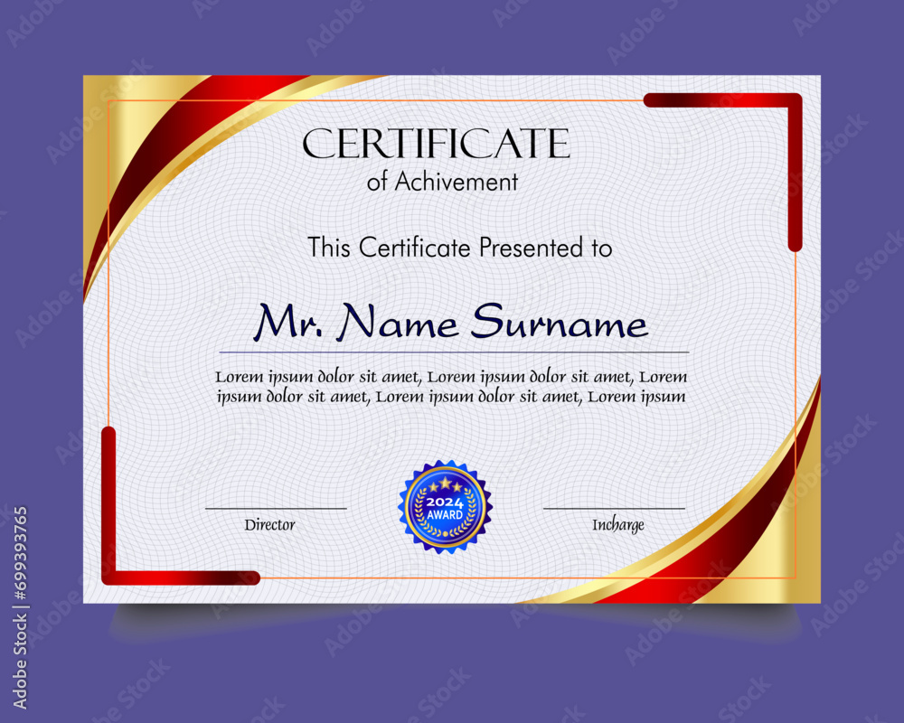 Certificate of achievement template set with gold badge and border ...