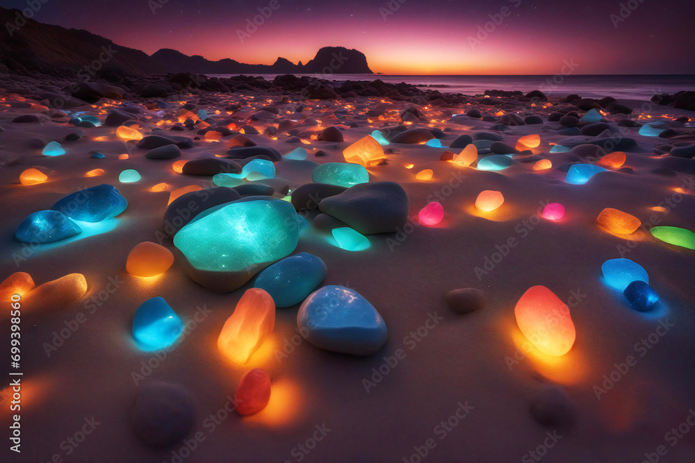 a bunch of colorful glow rocks art on a sandy beach Stock Photo | Adobe ...