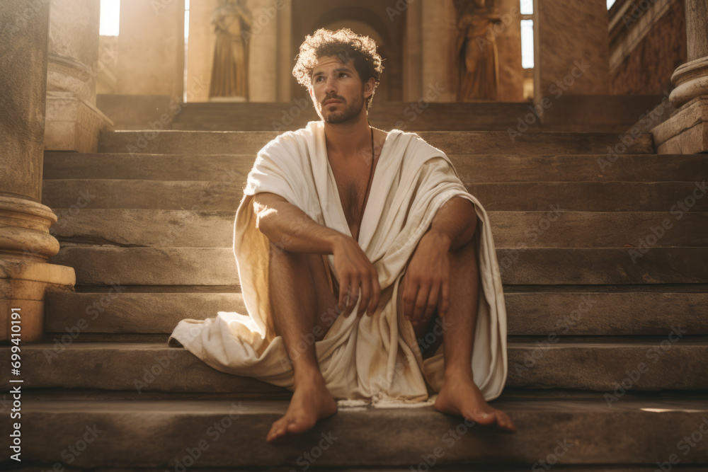 Man wearing a toga sitting on stairs on an ancient Roman temple Stock ...