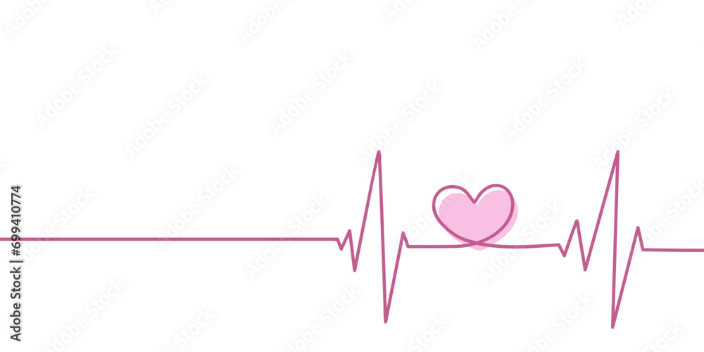One continuous drawing of cardiogram heart. Сute romantic symbols in ...