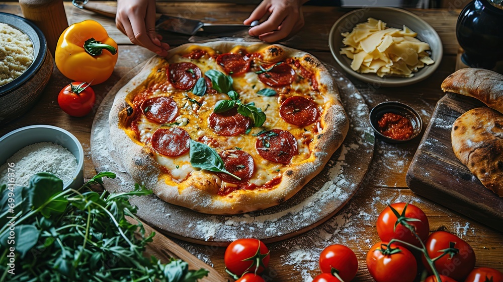 Foto de Pizza making with ingredients, preparation of pizza mozzarella ...
