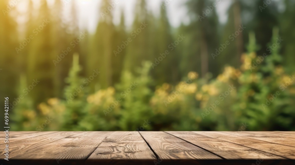 The empty wooden table top with blur background of boreal forest ...