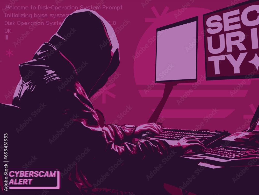 Hooded Hacker typing a Terminal Computer, Generative AI Based Cel Shade ...