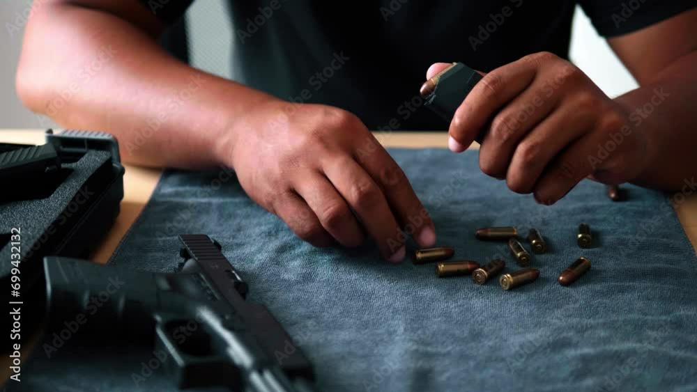 Care and maintenance Bullet reloading and cleaning by an Asian man ...