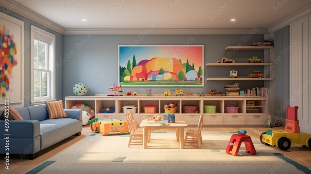 a child's playroom, filled with colorful storage units, playful seating ...
