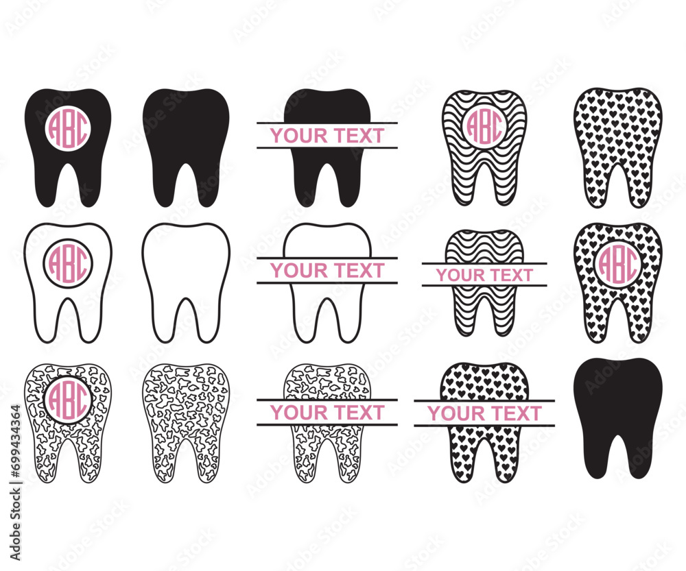 Tooth Monogram Svg Bundle, Tooth heartbeat, Dental Split Monogram ...