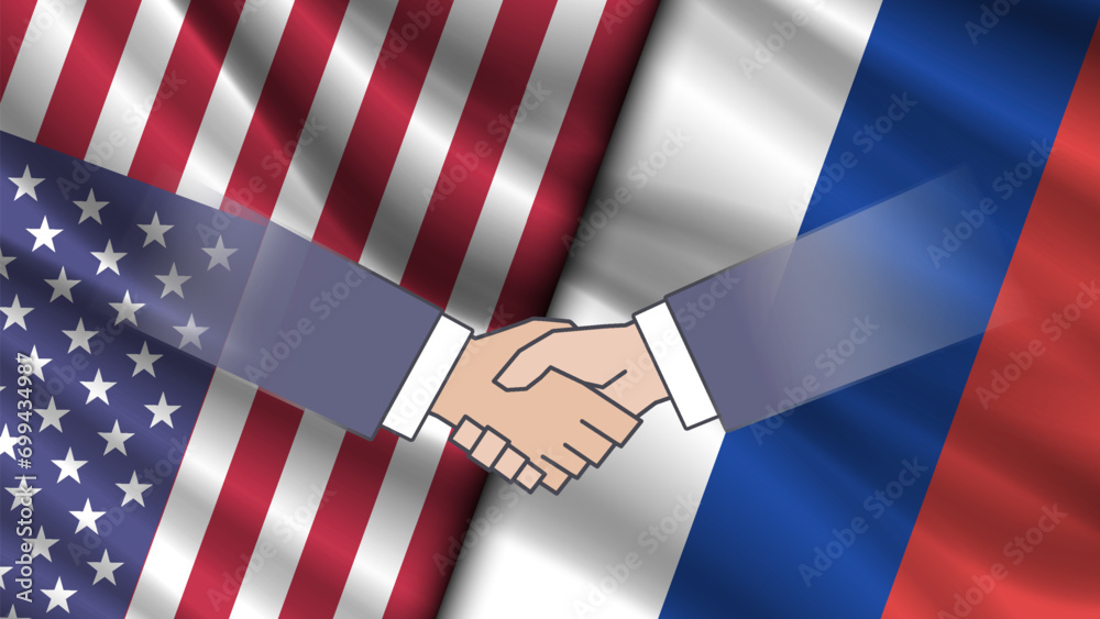 Vector political poster. Wavy flags of the USA and Russia. Peace and ...