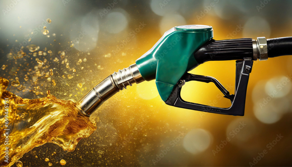 oil and gas pump nozzle, liquid flowing out, splashing liquid in the ...