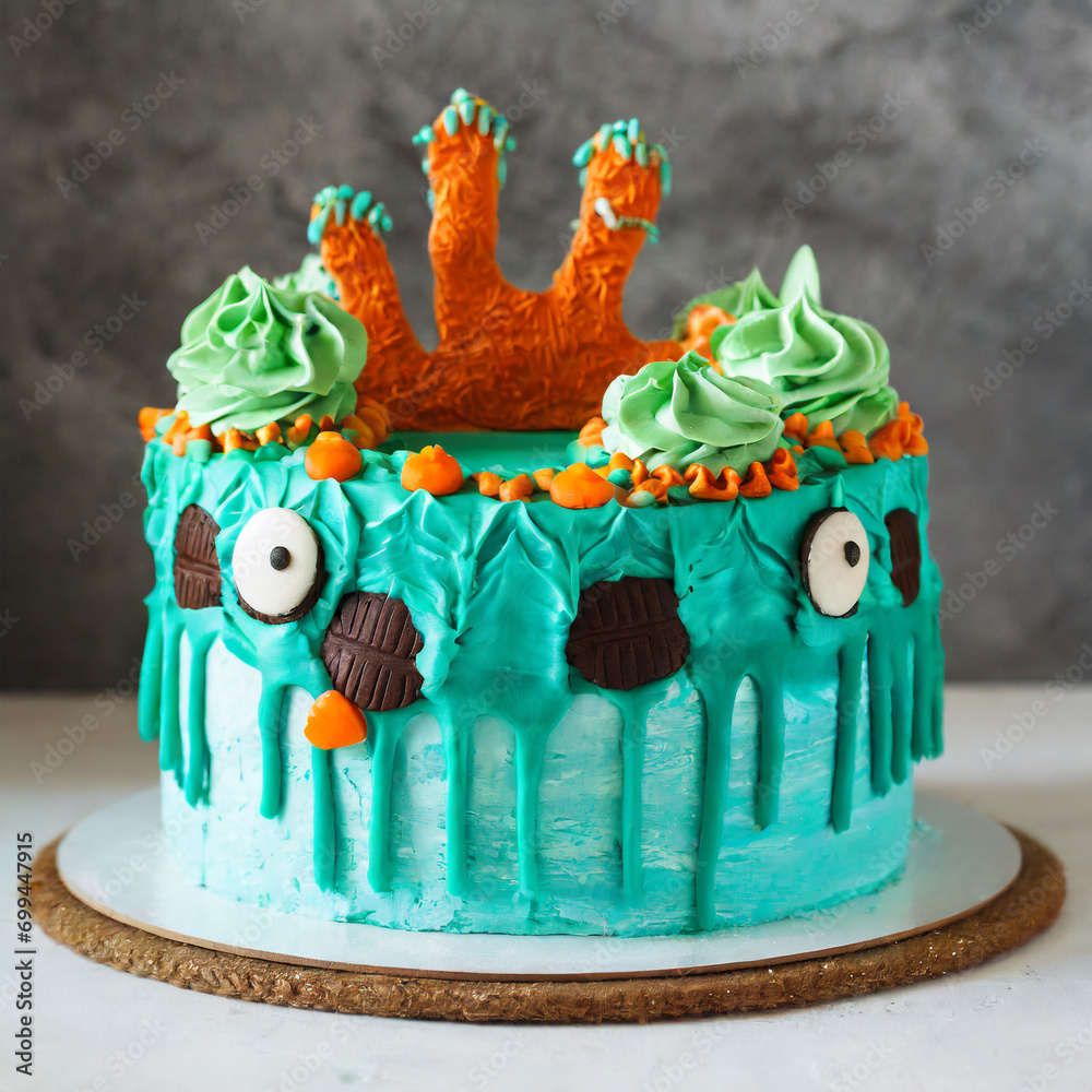 Monster theme cake on the white background. Birthday cake with ...