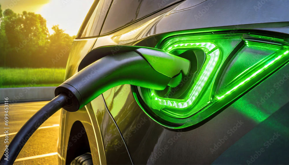 close up, EV charge nozzle with LED light, plugged into modern Electric ...