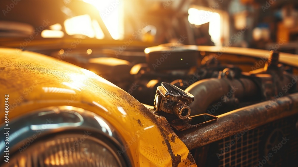 A detailed close-up of an old car covered in rust. This image can be ...