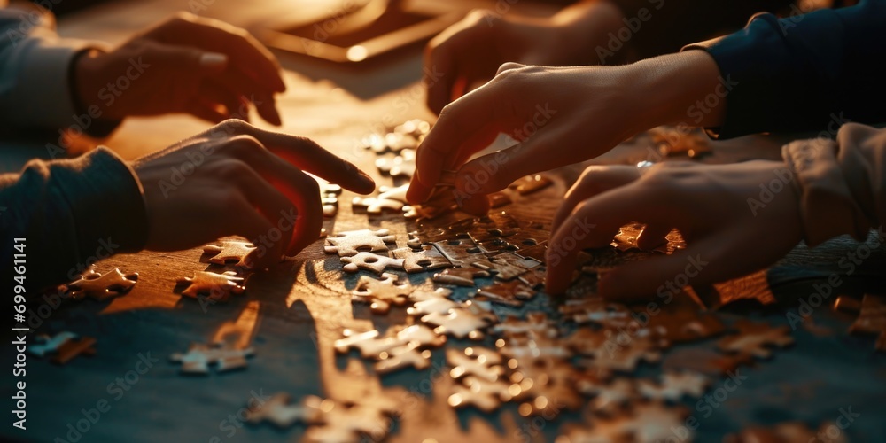A group of people working together to solve a puzzle. This image can be ...