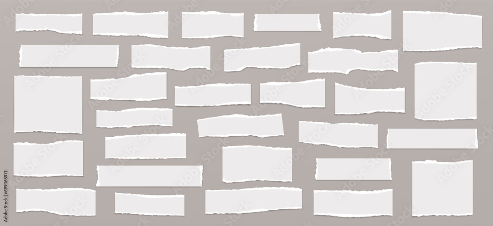 Set of torn, ripped white paper strips, notebook sheets with soft ...