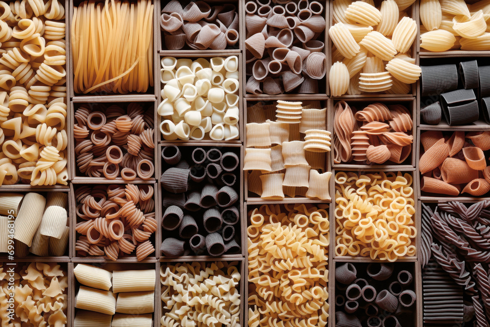layout of Italian raw pasta, top view, different types and shapes of ...