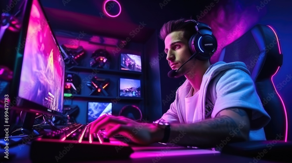 A handsome gamer guy gaming on his pc computer console with keyboard ...