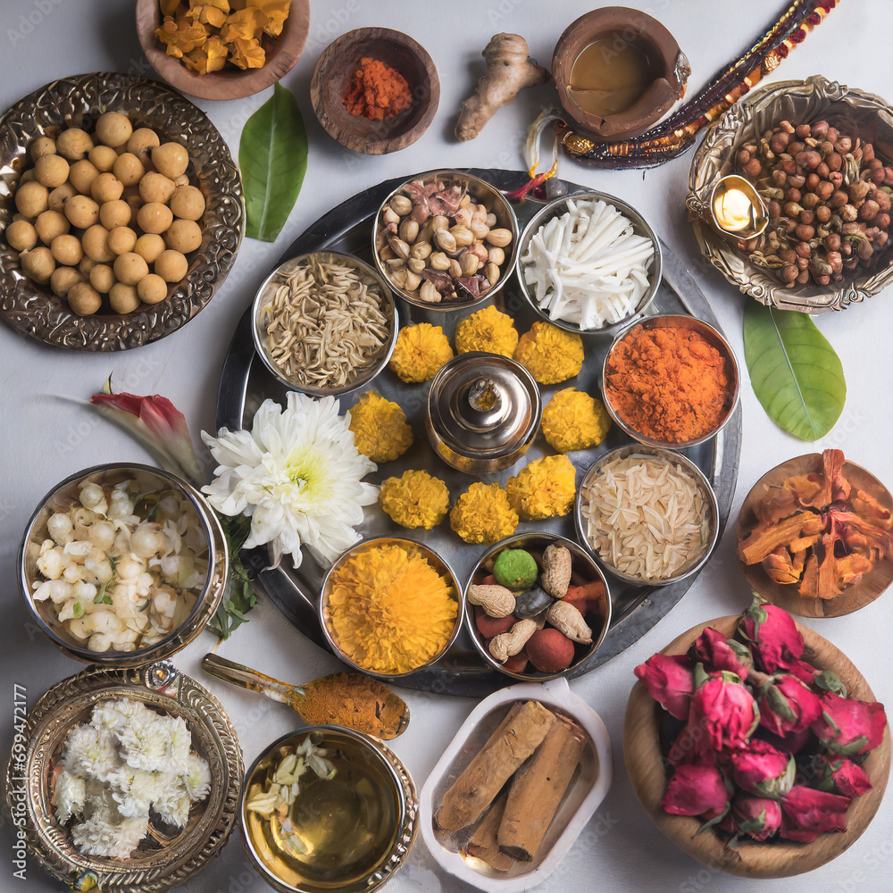 pooja material puja sahitya in hindu religion from india, arranged in a ...